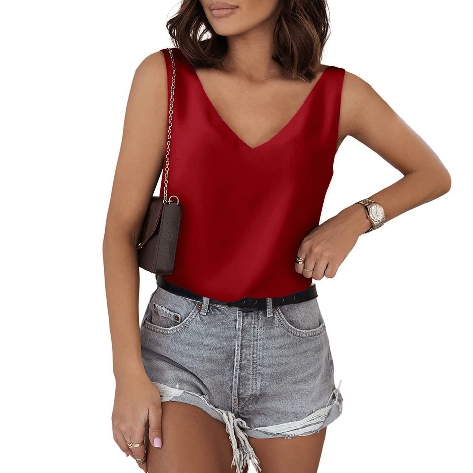 Womens Satin Tank Silk Summer Sleeveless Shirt Top V Neck Cami Loose ...