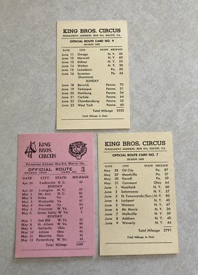 1962 King Bros Circus Route Card Lot 3 Cards | eBay