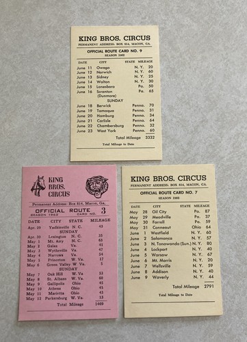 1962 King Bros Circus Route Card Lot 3 Cards | eBay