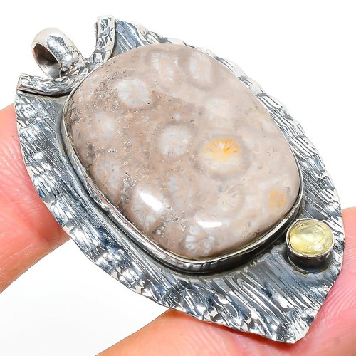 Fossil Coral, Citrine Gemstone 925 Sterling Silver Jewelry Pendant 2.09 ...