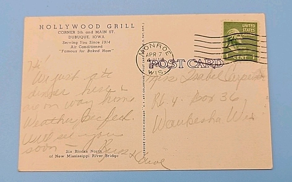 Vtg Hollywood Grill DUBUQUE Iowa Linen Diner Postcard 1948 Monroe WI ...