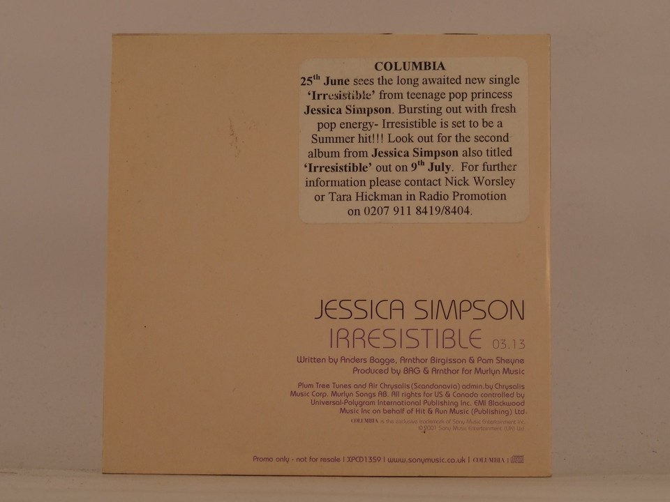 JESSICA SIMPSON IRRESTIBLE (L37) 1 Track Promo CD Single including Card ...