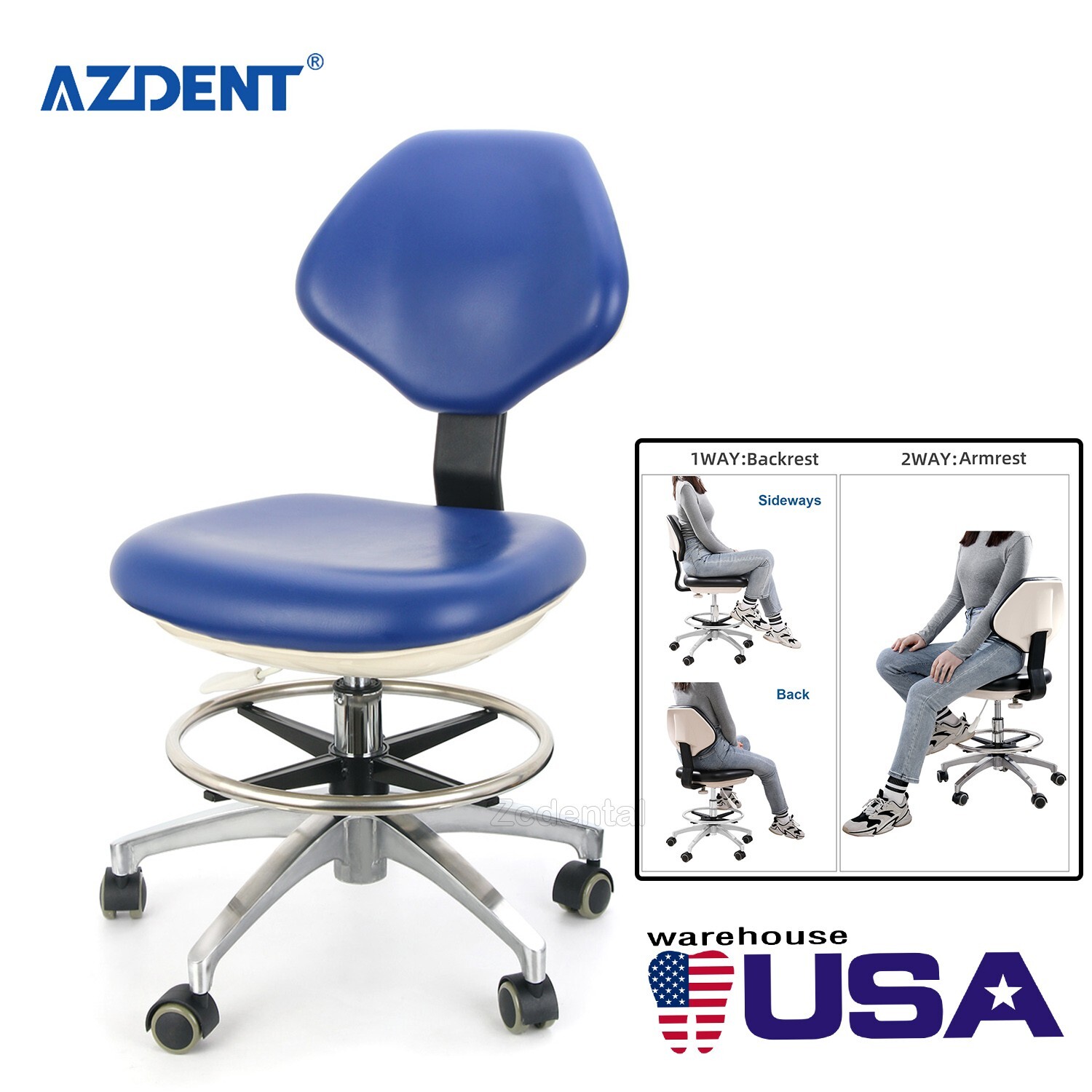 AZDENT Adjustable Dental Rolling Stool Chair, PU Leather, New