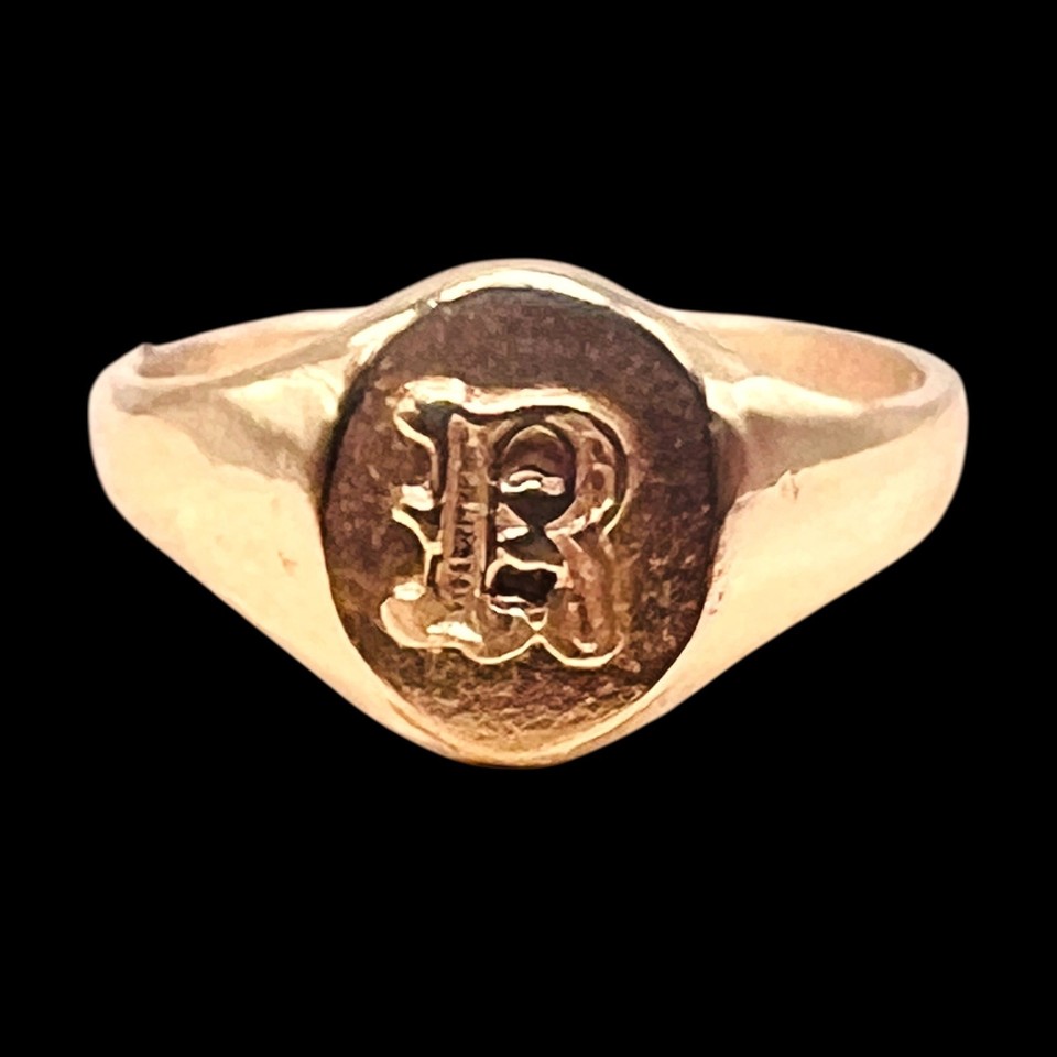 Initial Letter R Signet Solid 14k Yellow Gold Baby/ Pinky Ring SZ 3.35 ...