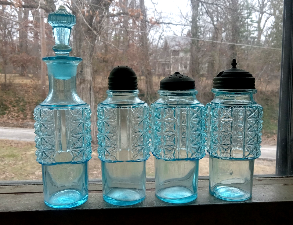 1880s BLUE ADAMS ASHMAN PATTERN CASTOR SET 4 MATCHING BOTTLES IN ...