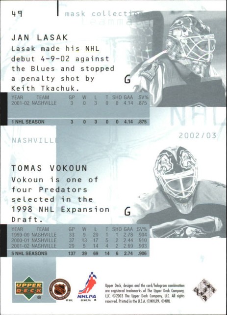 2002-03 Upper Deck Mask Collection - #49 Jan Lasak, Tomas Vokoun for ...