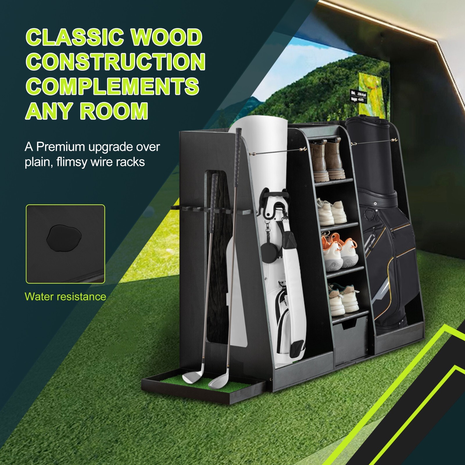 55.5''Lx16''Wx37''H Wooden Golf Bag Organizer Storage Rack Holds 2 Golf ...