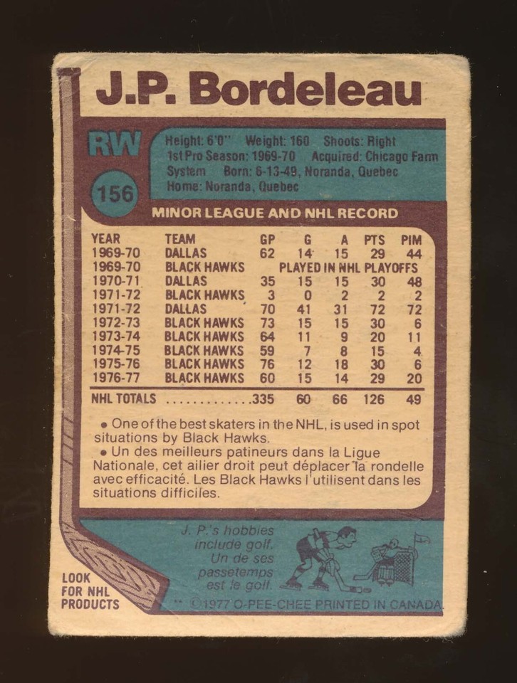 1977-78 O-Pee-Chee #156 Jean P Bordeleau Chicago Blackhawks hockey card ...
