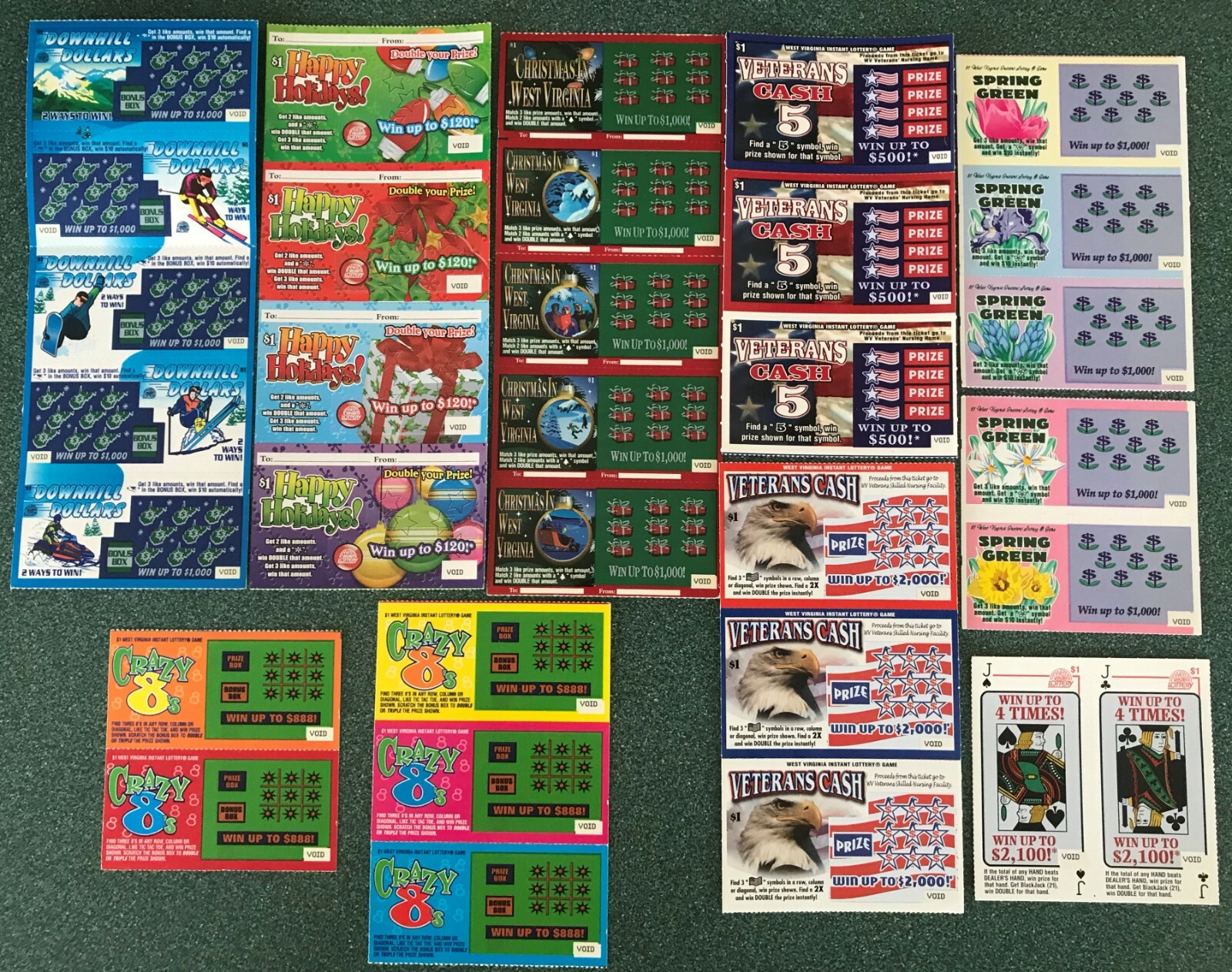 8 different West Virginia Instant Sample Lottery Ticket Sets, 32 diff ...
