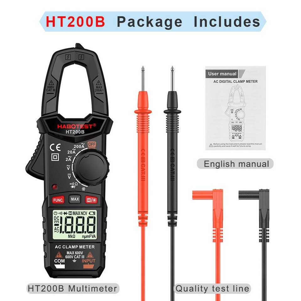 HABOTEST HT208 Clamp Meter Digital Multimeter Tester AC DC Volt Meter ...