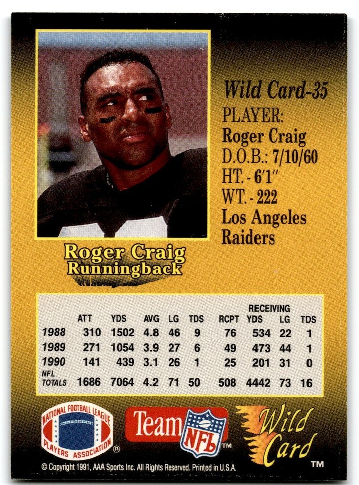 1991 Wild Card Roger Craig Los Angeles Raiders #35 | eBay
