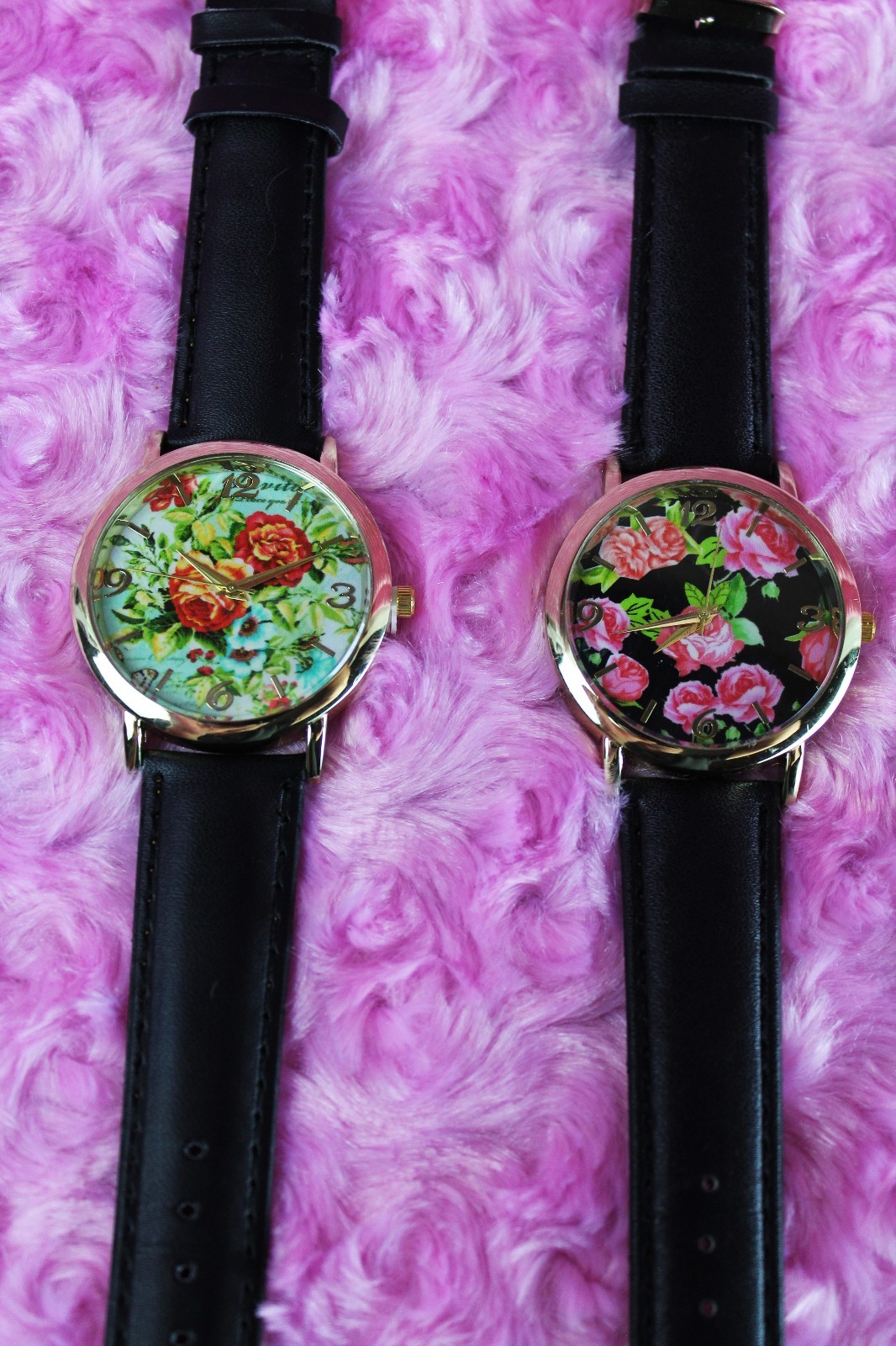 Romantic Rose Pattern Holographic Ladies Watch W/ Black Faux Leather ...