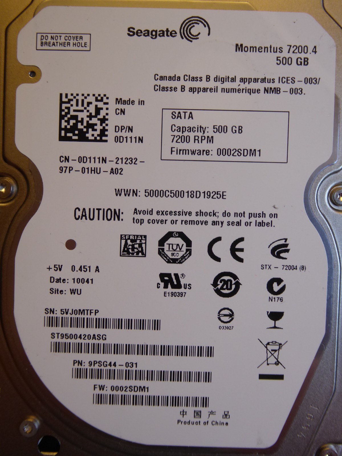 Seagate ST9500420ASG | 5VJ | PN: 9PSG44-031 | FW: 0002SDM1 | WU | 500GB ...