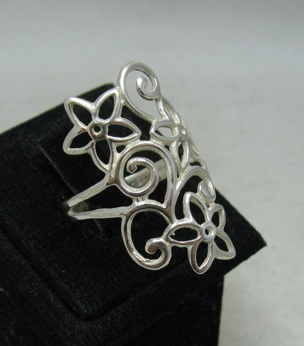 Stylish Long Genuine Sterling Silver Ring Flower Solid 925 Handmade ...