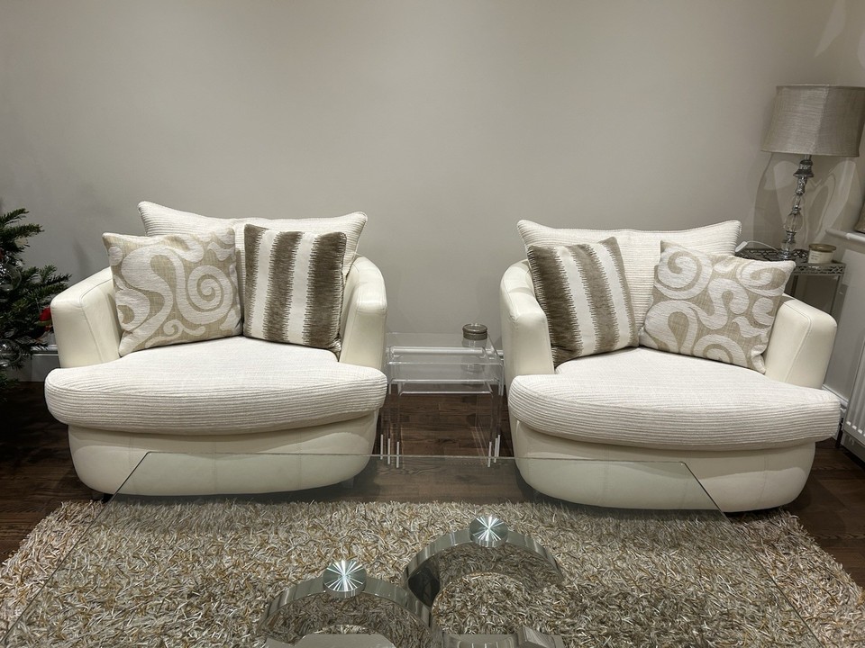 Living room Sofa Set Cream Leather And Fabric | eBay UK