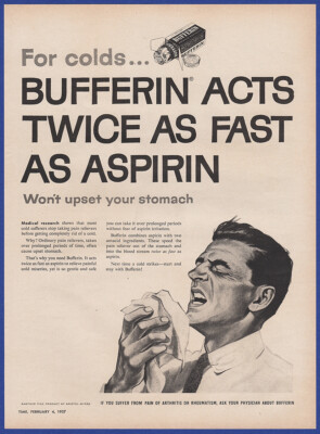 Vintage 1957 BUFFERIN Medicine for Colds Remedy Headache Print Ad 50's ...
