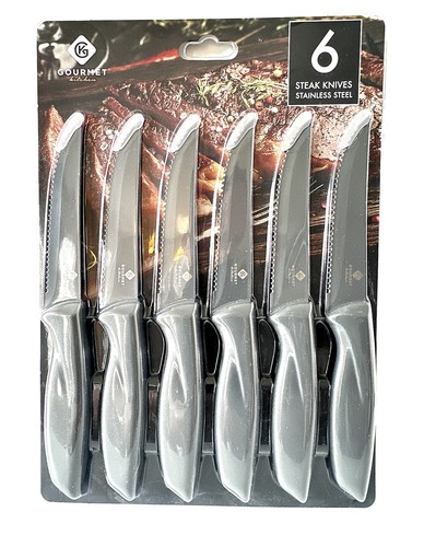 Gourmet Kitchen 6pc Stainless Serrated Edge Steak Knife Set Gray Handle ...