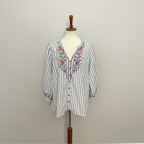 Kate & Sam Top Embroidered Floral Flower Buttons Striped Blue White ...