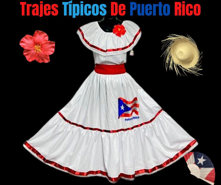 Traje Típico Jíbara Boricua 3PC Blanco Set - Blusa y Falda Bandera ...