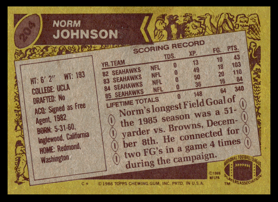 1986 Topps Norm Johnson #204 Seattle Seahawks NFL Football Base Set | eBay