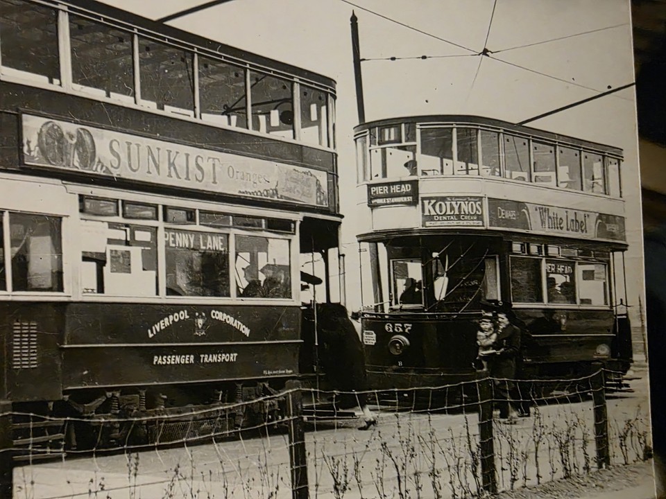 LIVERPOOL CORPORATION TRAMS. COPYRIGHT PHOTO. PAIR OF TRAMS AT MUIRHEAD ...