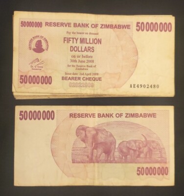 Zimbabwe 50 Million Dollar Cheques X 25 -1/4 bundle-2008 circulated It ...