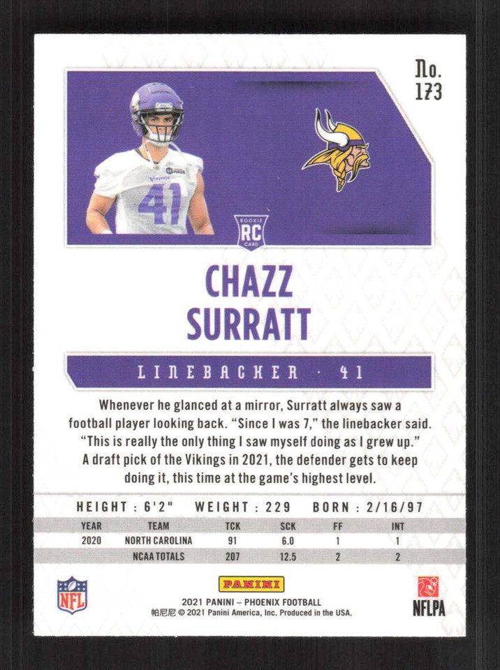 Chazz Surratt RC 2021 Panini Phoenix Fire Burst Minnesota Vikings #173 ...