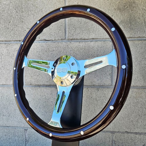 14" Slotted Chrome Licensed Chevy SS Steering Wheel Dark Wood Riveted 6 ...