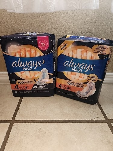 (2)Always Maxi Overnight Pads Jumbo Pack With Flexi-Wings 33 Count Ea ...