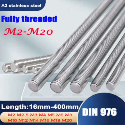 M2 M2.5 to M20 A2 Stainless Steel Threaded Rod Full Thread Studding Bar ...