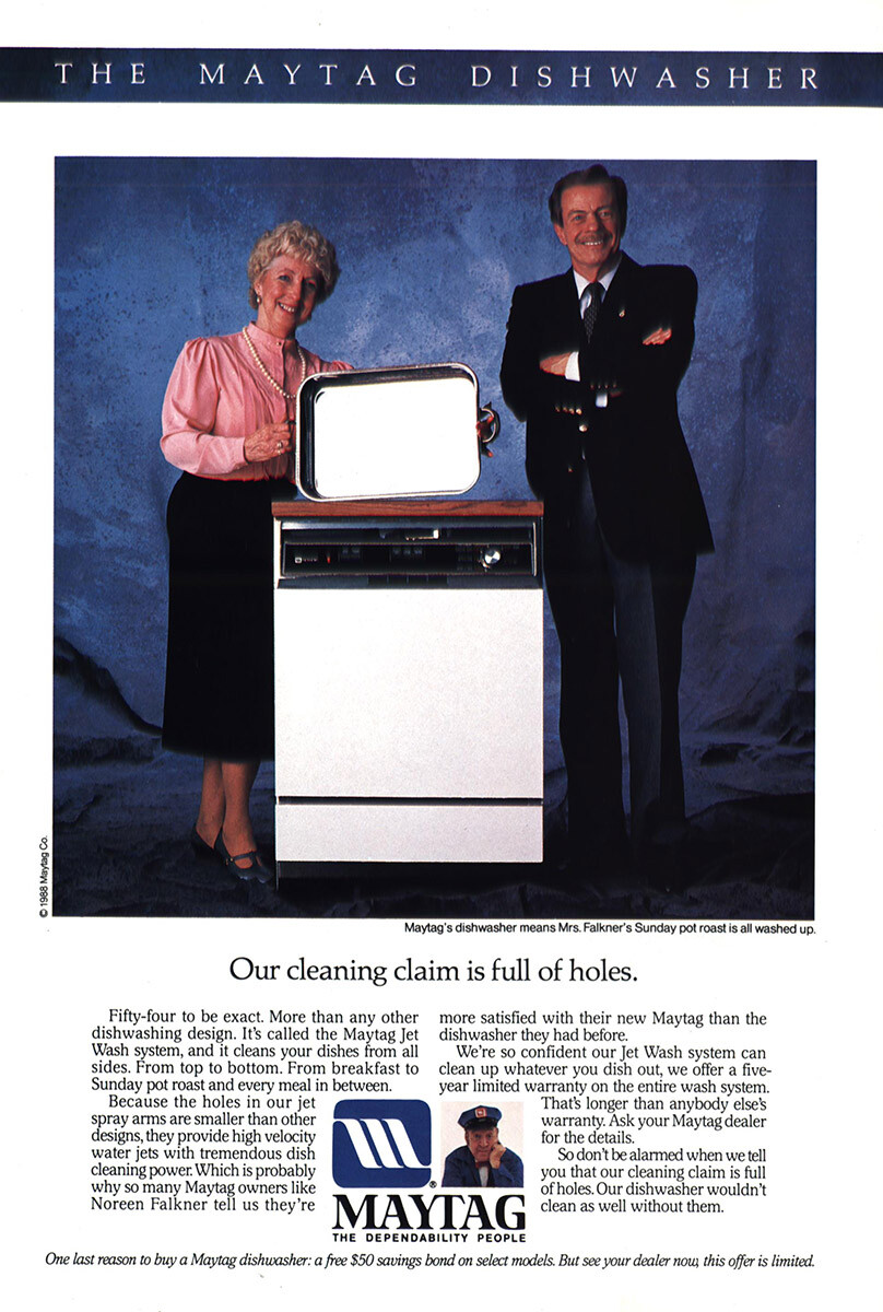 1988 Maytag Dishwasher: Cleaning Claim Full of Holes Vintage Print Ad ...