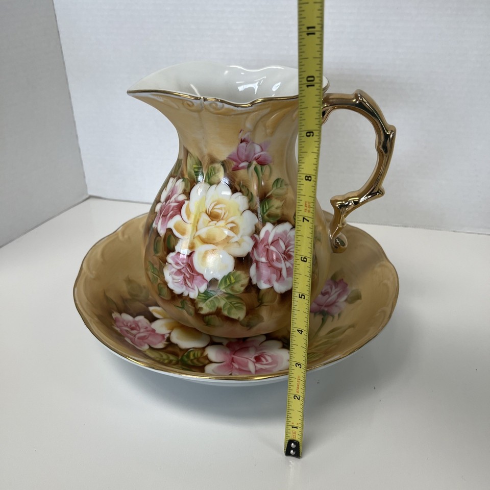 Vintage Lefton Heritage Brown Porcelain Pitcher And Basin Japan Gold ...