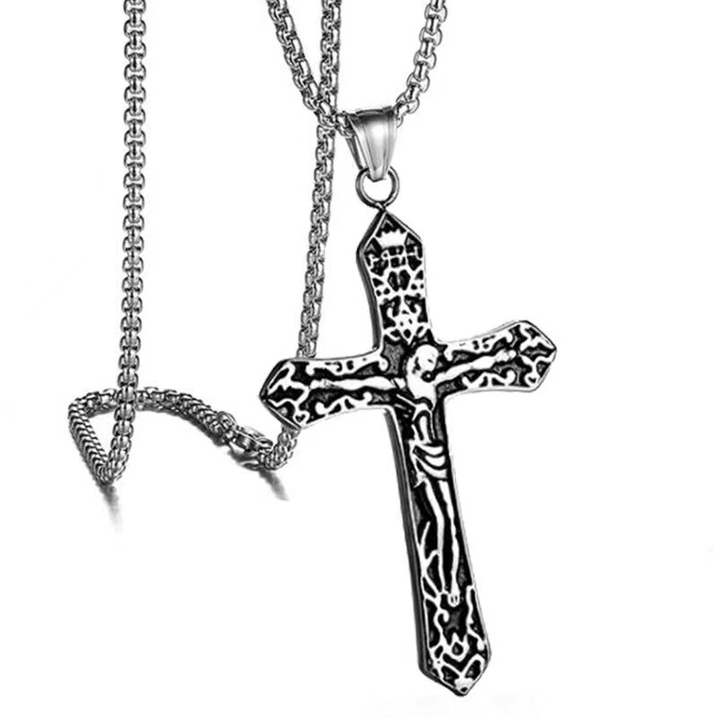 Mens Silver Ankh Jesus Cross Poseidon Trident Pendant Necklace Punk ...