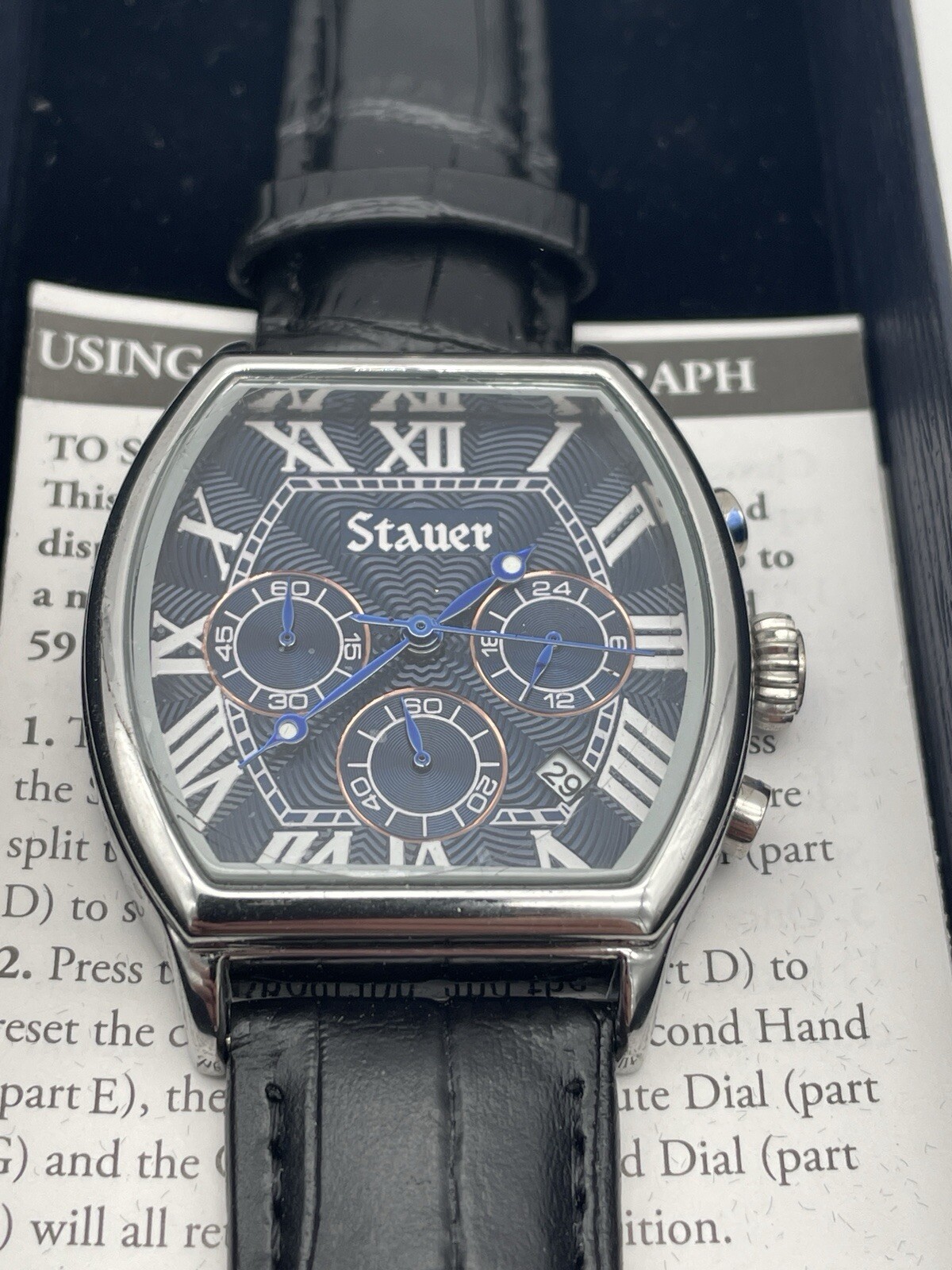 Stauer 1938 Gable Watch Blue Dial Tonneau Case Leather Strap ...