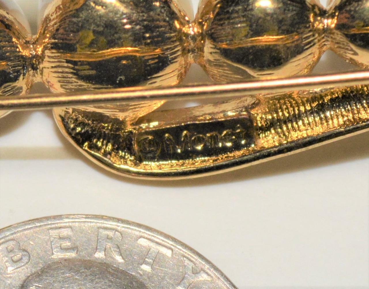 Vintage Signed MONET Goldtone Faux Pearls Pin Brooch - Gem