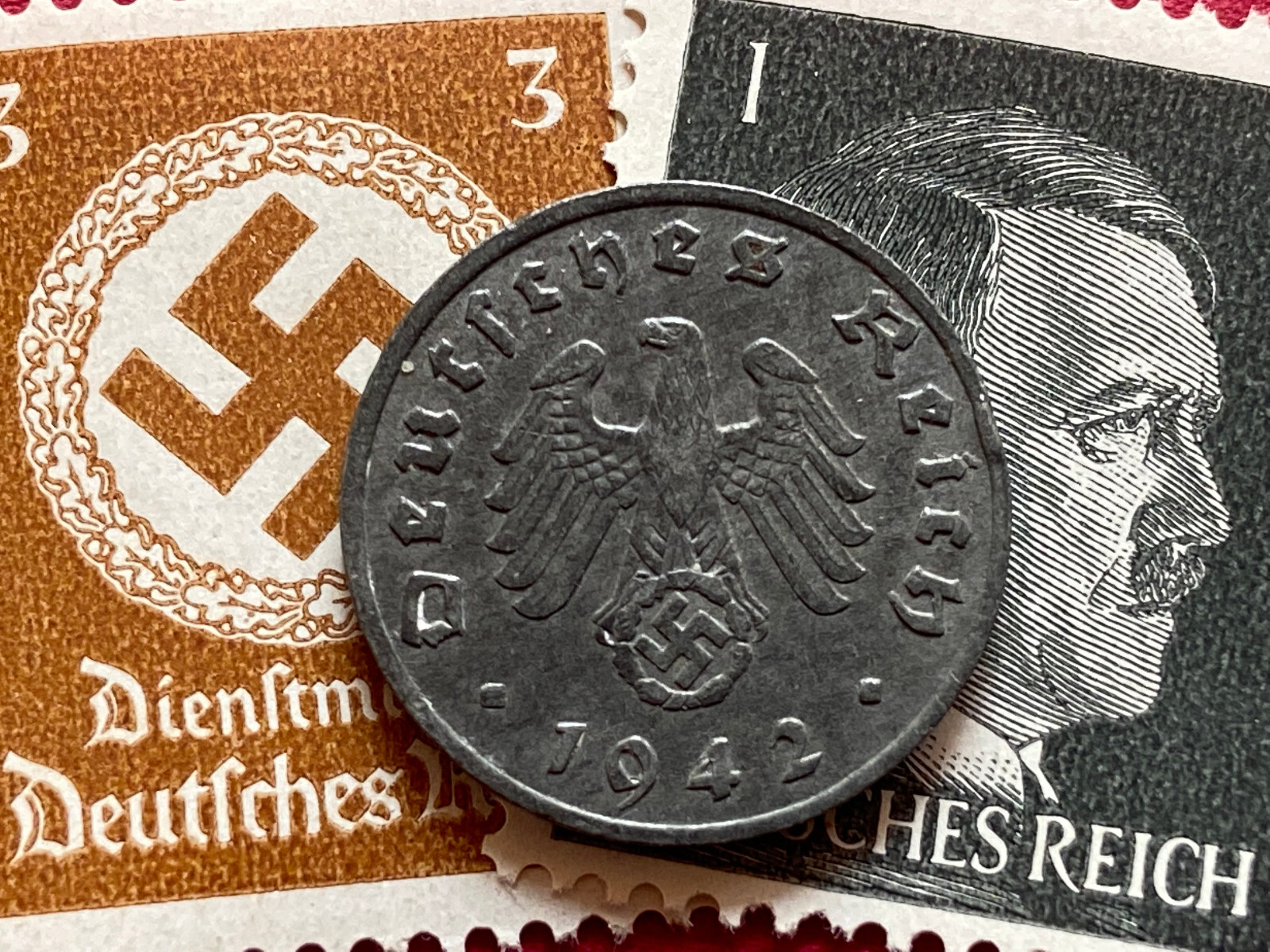 XXX-RARE WW2 NAZI German 1 Reichspfennig SWASTIKA Coin & Hitler Stamp ...