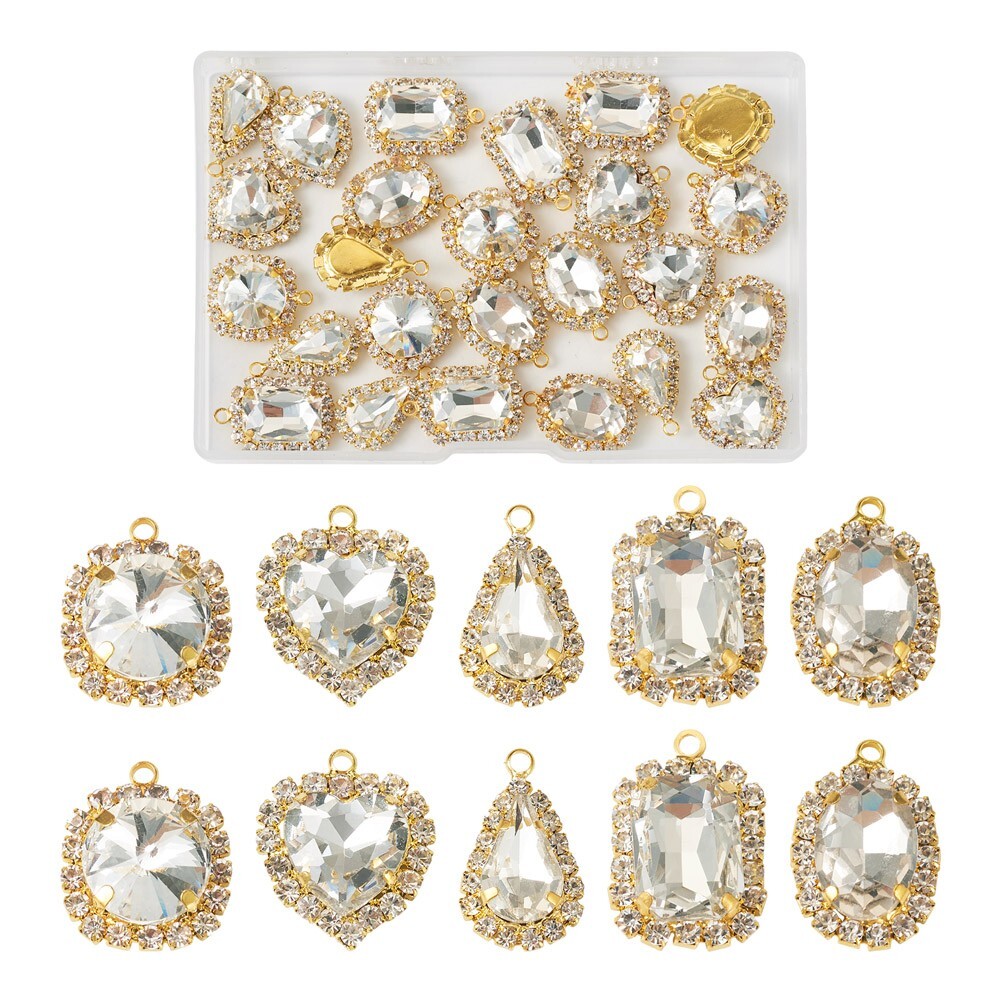 30Pcs Rectangle Teardrop Oval & Heart Crystal Glass Rhinestone Pendants ...