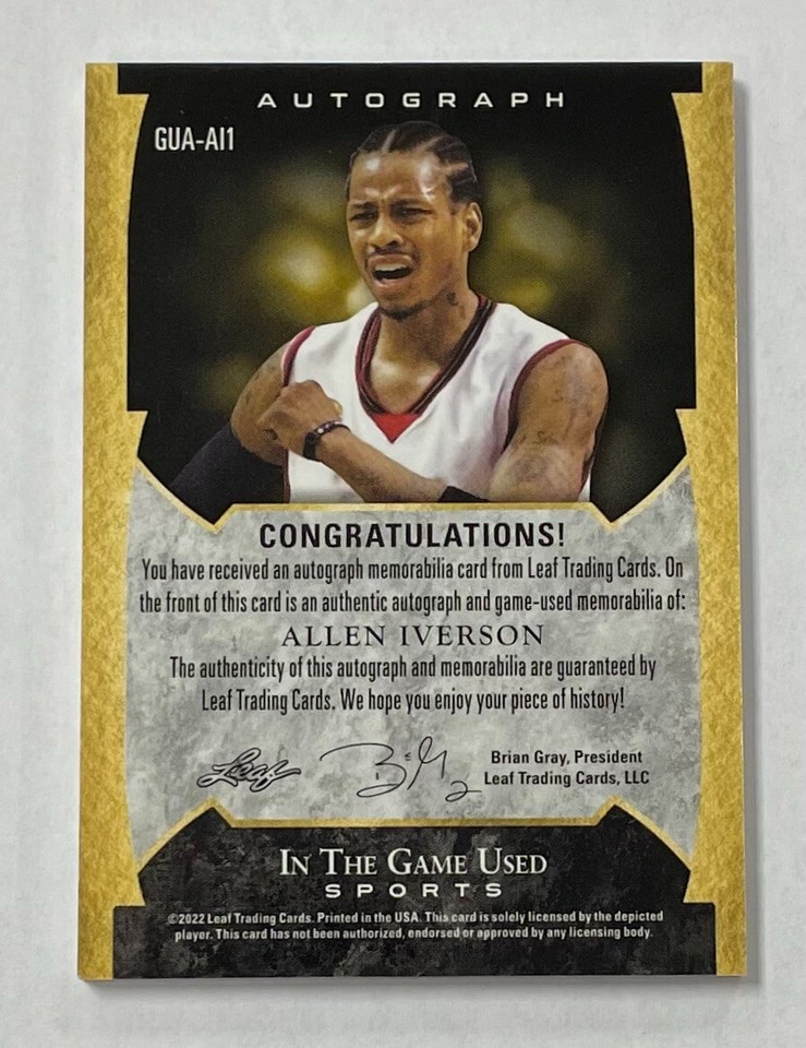 Allen Iverson 2022 Leaf In The Game Used No.GUA-AI1 36/45 Autograph ...