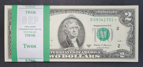 LOT OF 100 NEW CONSECUTIVE 2$ DOLLAR B STAR* FRN NOTES 2017A BEP STRAP ...