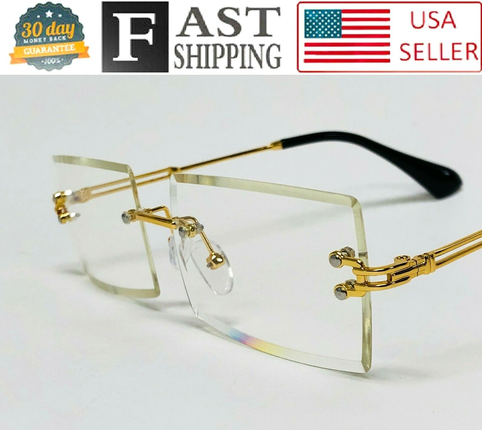 Men's Rimless Vintage Retro Rectangle Gold CLEAR Lens Fashion Hip Hop ...