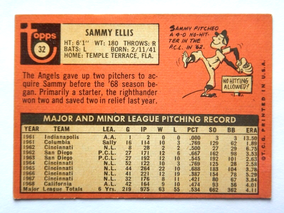 Sammy Ellis #32 Topps 1969 Baseball Card (California Angels)* | eBay