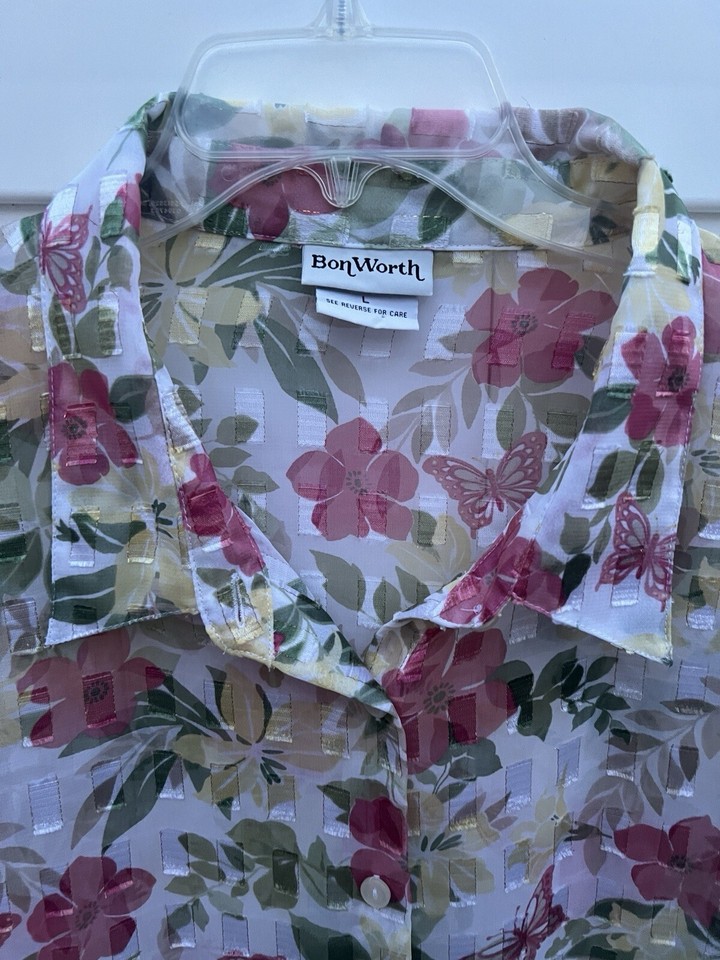 BonWorth Womens Button Up Floral Sheer Multicolor Long Sleeve Sz Large ...