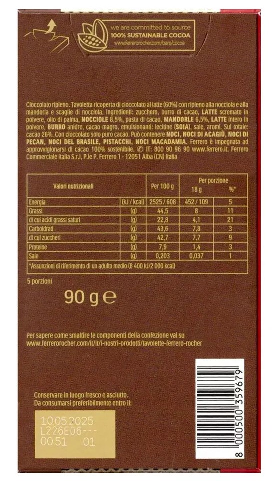 FERRERO ROCHER MILK CHOCOLATE BAR WITH HAZELNUT AND ALMOND CREAM ...