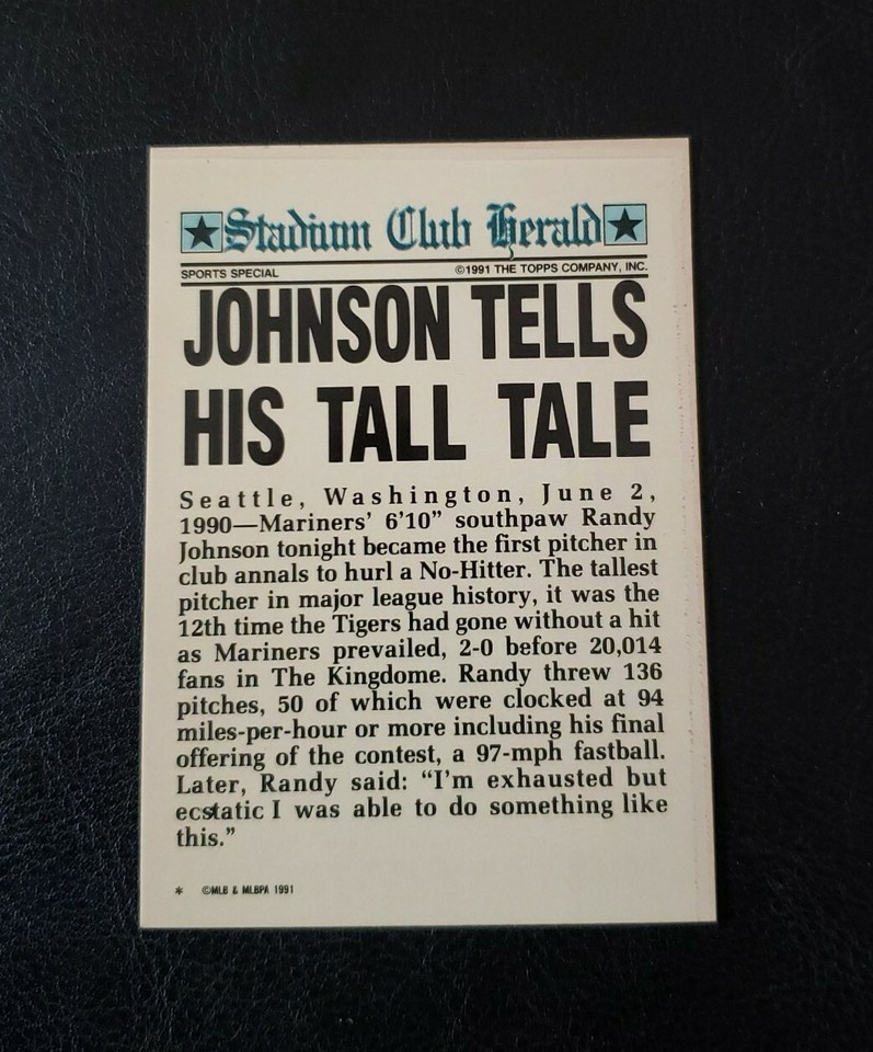 1991 Topps Stadium Club Charter Member Randy Johnson card, Seattle ...