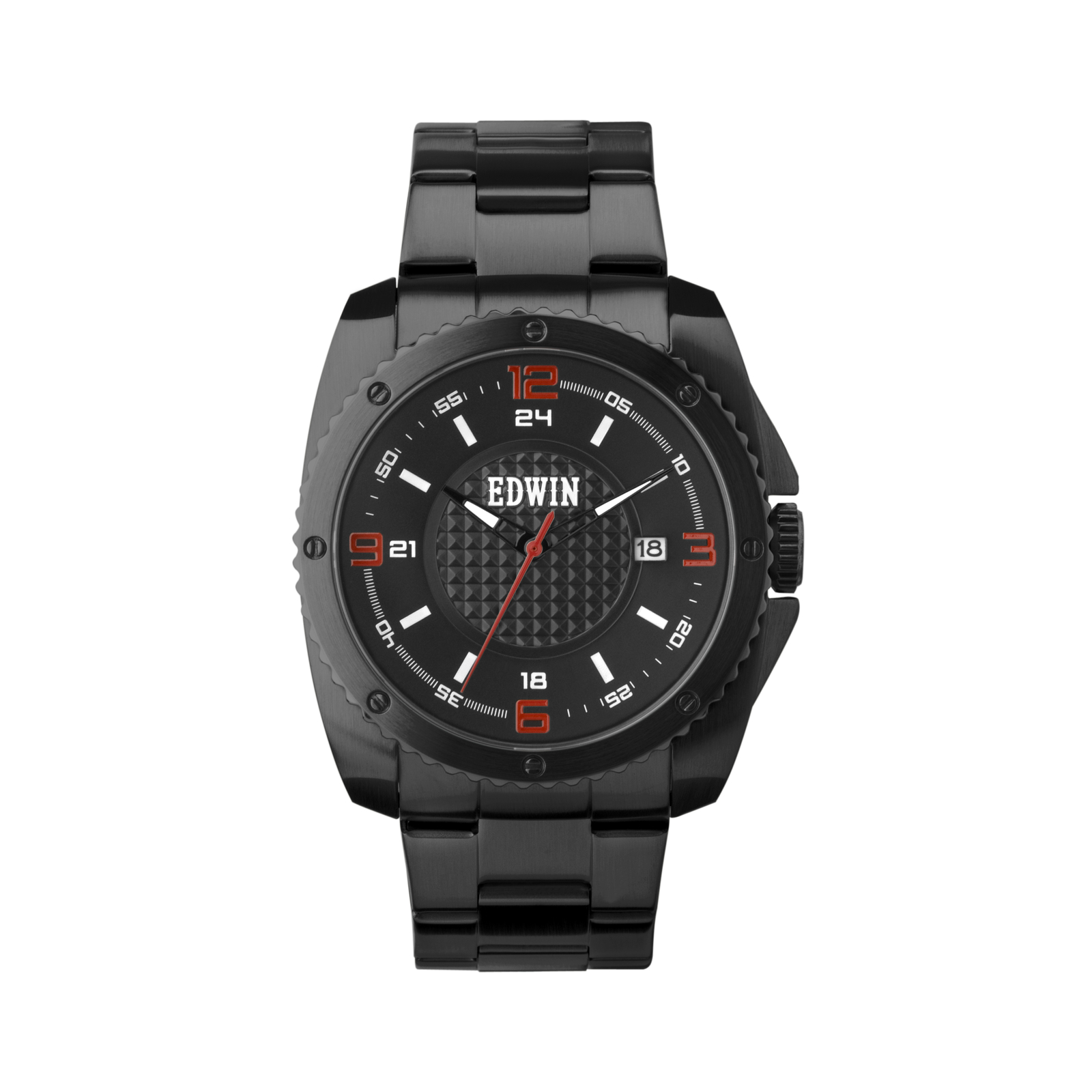 Edwin EMERGE Men's 3 Hand-Date Watch, Black Stainless Steel Case and ...