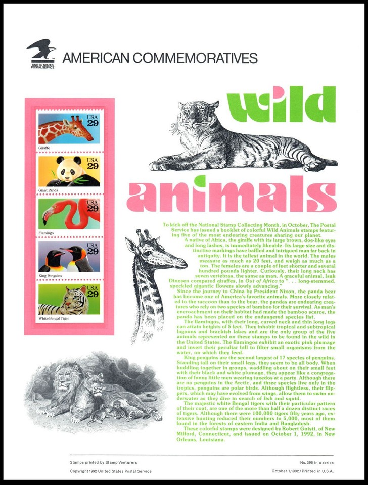 1992 Wild Animals Giraffe Flamingo CP403 commemorative panel 395 MNH Sc ...