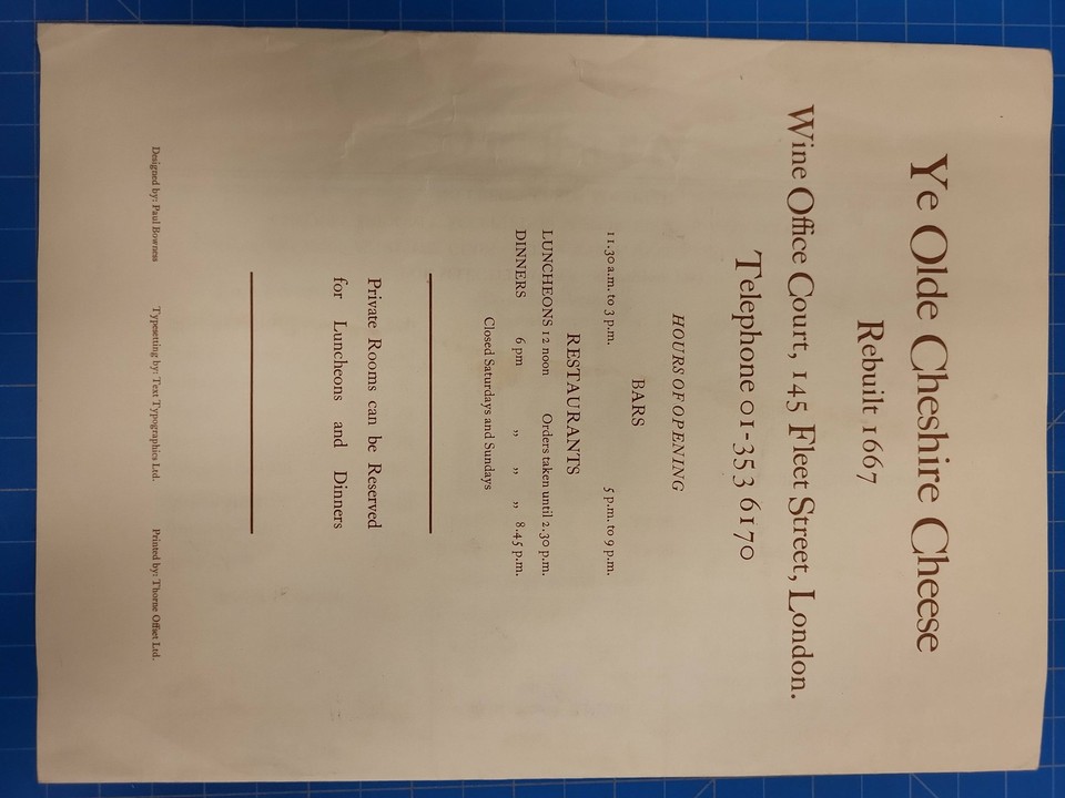 Ye Olde Cheshire Cheese AD 1667 Bill of Fare April 1986 London ...