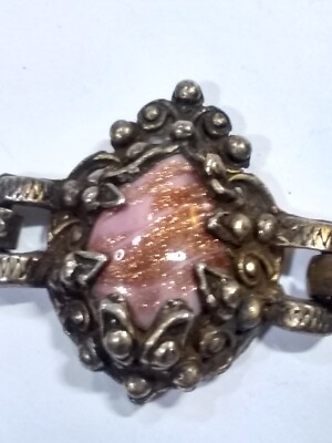 Vintage Pink Givre Goldstone German Cabochon Bracelet & Brass Filigree ...