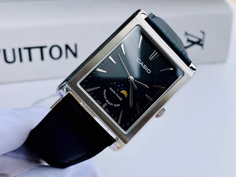 Casio MTP-M105L-1A Black Analog Moon Phase Rectangle Leather Casual ...