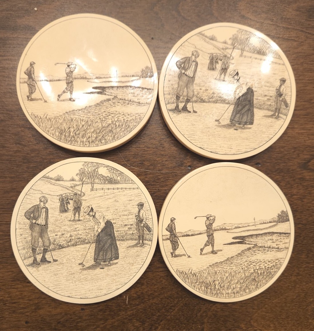 Barlow Designs 4 Coasters Scrimshaw Vintage Golf Scenes set Cork Back ...